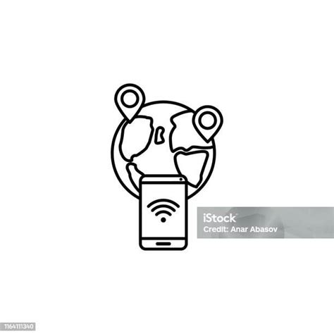 위치 스마트 폰 지구 아이콘 사회 중독자 아이콘의 요소 웹 사이트 디자인 및 개발 응용 프로그램 개발을위한 얇은 라인 아이콘 프리미엄 아이콘 개념에 대한 스톡 벡터 아트 및