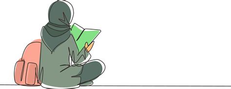 Single Continuous Line Drawing Back View Young Arabian Woman Sitting On Floor Reading Book