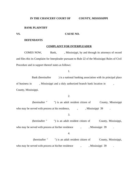 Complaint For Interpleader By Bank Mississippi Form Fill Out And Sign Printable Pdf Template