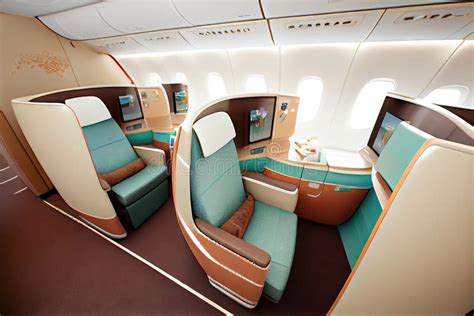 First Class Section Of Plane With Luxurious Seats And Amenities Stock First Class Section Of Plane With Luxurious Seats And Amenities Stock