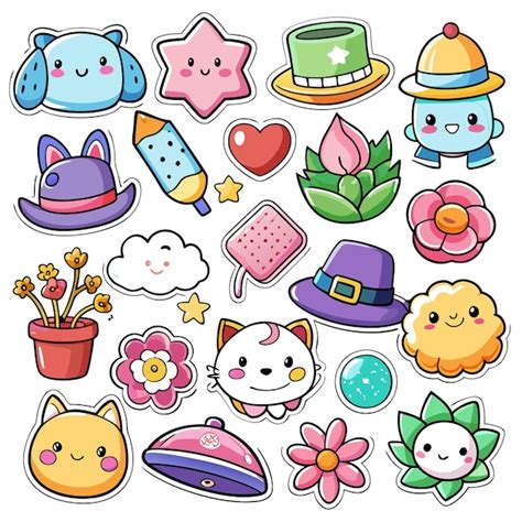 Colorful Kawaii Stickers With Cute Faces And Objects Premium Ai