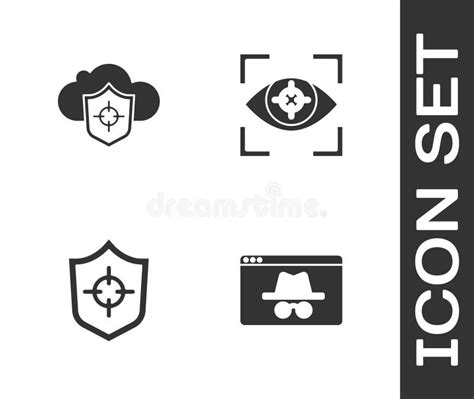 Set Browser Incognito Window Cloud And Shield Shield And Eye Scan Icon Vector Stock Vector