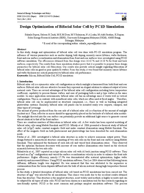 Design Optimization Of Bifacial Solar Cell By Pc1d Simulation Pdf Solar Cell Doping