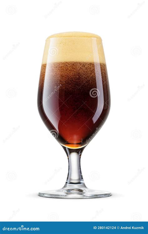 Tulip Glass Of Fresh Dark Stout Beer With Cap Of Foam Isolated On White