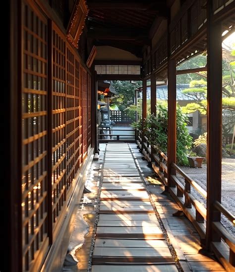 Traditional Japanese House With Wooden Walkway And Sunlight Premium