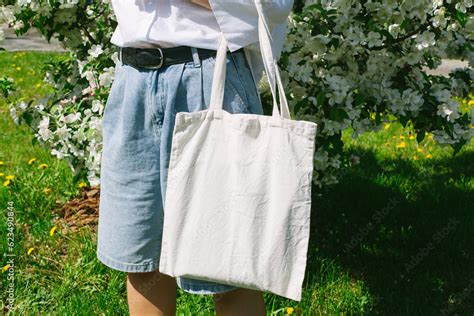 Woman Hand Holding Eco Bag Female Hold White Canvas Textille Mesh Zero