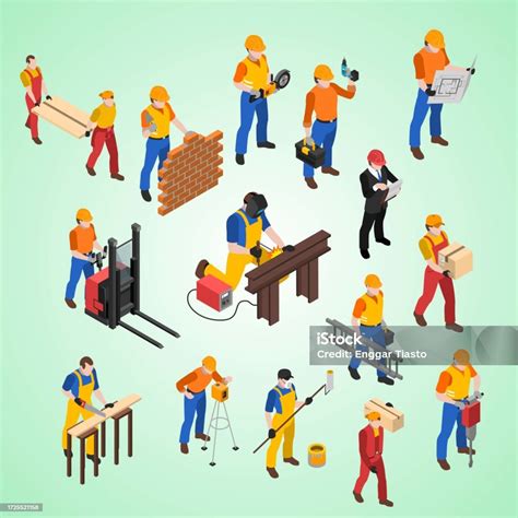 Builders Construction Workers Isometric Icons Collection Stock