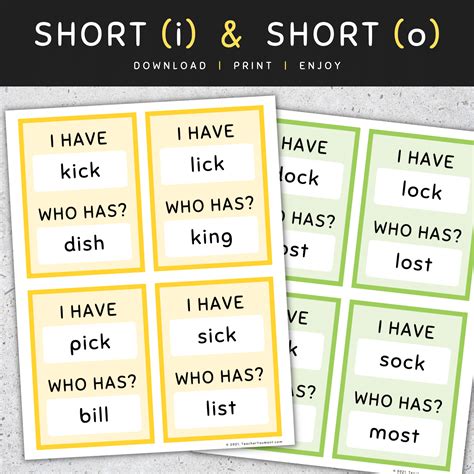 Cvcc Words Flash Cards I Have Who Has Short Vowelsa E I O U Set 2