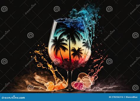 Exploding Glass With Liquid Colored Tropical Cocktail Stock Illustration Illustration Of Fruit
