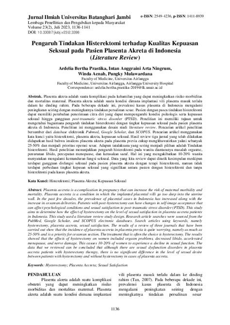 Pdf Pengaruh Tindakan Histerektomi Terhadap Kualitas Kepuasan Seksual Pada Pasien Plasenta