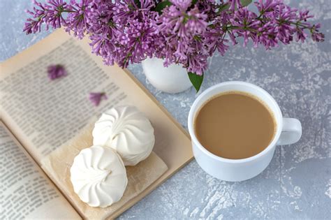 우유와 마시멜로와 커피 또는 차 커피 한 잔과 함께 정원에서 책을 읽는 다 라일락 꽃과 낭만적 인 정물 생활 고풍스런에 대한