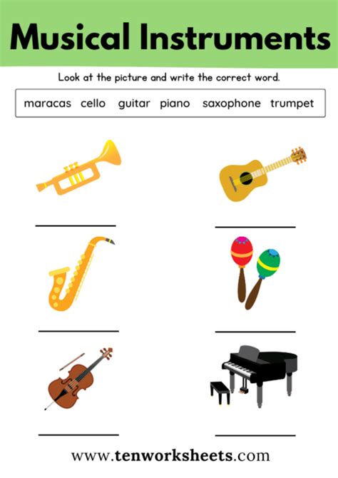 Write The Musical Instrument Names Worksheet Pdf For Kindergarten Ten