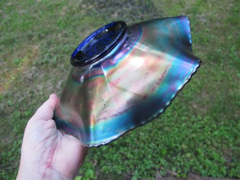 Antique Fenton Blue Captive Rose Carnival Glass Bowl Carnival Glass