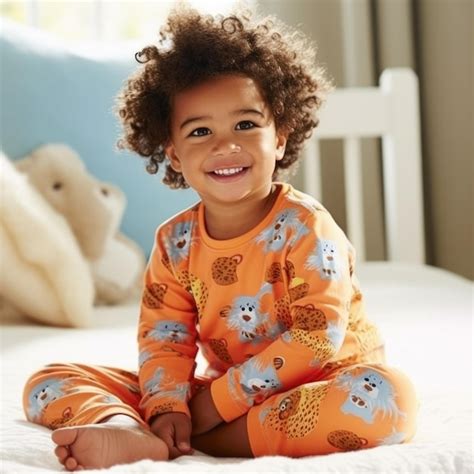 Feliz Lindo Adorable Niño Pequeño Niño De 3 Años En Pijama Sentado En