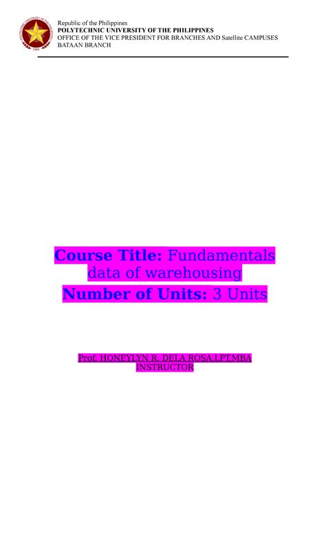 1 4 Data Warehousing Lecture Notes Course Title Fundamentals Data Of Warehousing Number Of