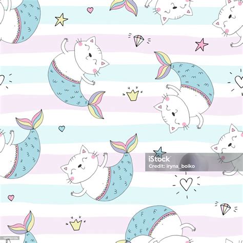 낙서 그림 의 귀여운 손으로 그린 벡터 고양이 인어 벡터 일러스트레이션 벡터 인쇄 보육 예술 원활한 벡터 패턴 0명에 대한 스톡 벡터 아트 및 기타 이미지 Istock