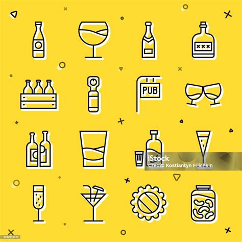 항아리에 절인 오이 샴페인 한 잔 코냑 또는 브랜디 한 잔 샴페인 병 병따개 병 와인 나무 상자 맥주 및 펍 아이콘이 있는 거리 간판을 설정합니다 벡터 0명에 대한 스톡