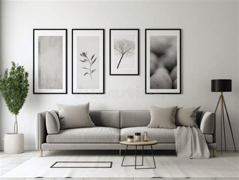 Trendy Grey Modern Living Room With Mock Up Frame Above Sofa