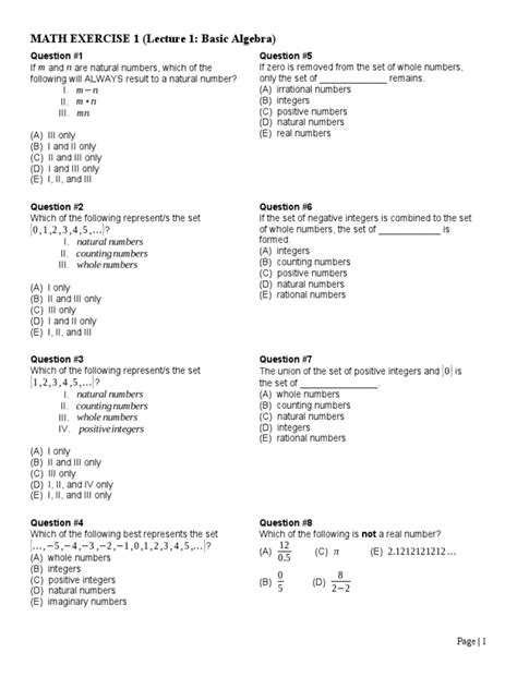 Pisay Math Exercise 1 Basic Algebra Pdf Numbers Integer