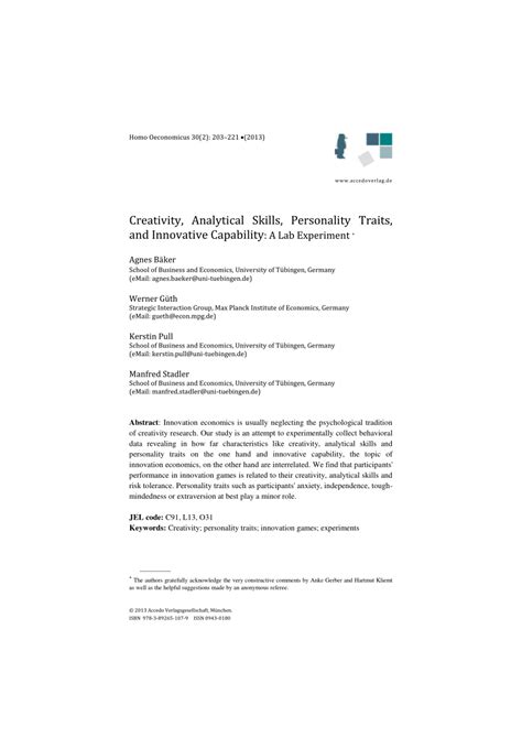 Pdf Creativity Analytical Skills Personality Traits And Innovation