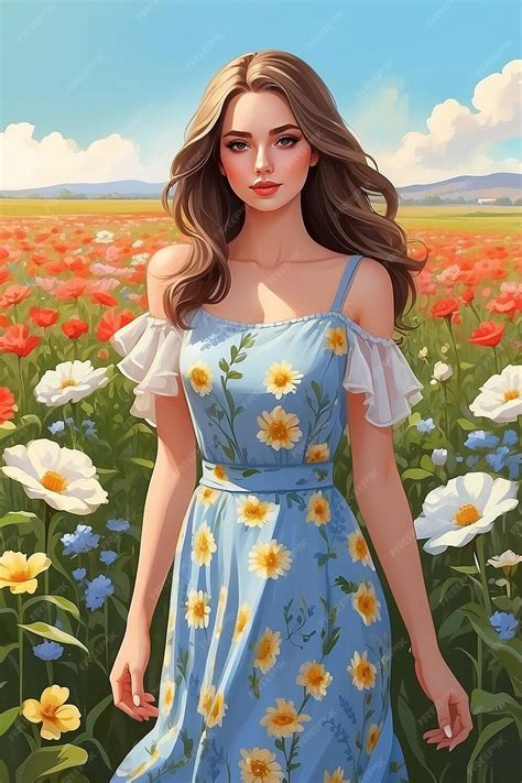 Beautiful Woman Standing In The Flower Field On A Summer Day Vector