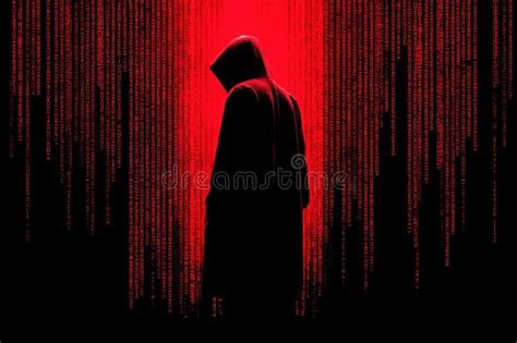 Silhouetted Hooded Figure Against Glowing Red Matrix Code Rain Evoking Cyberpunk And Digital