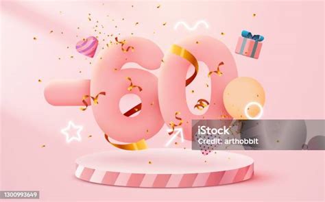 60 할인 크리에이티브 컴포지션 장식 용 물건 하트 모양의 풍선 황금 색종이 연단 및 선물 상자가있는 3d 판매 기호 판매 배너 및 포스터 3차원 형태에 대한 스톡 벡터