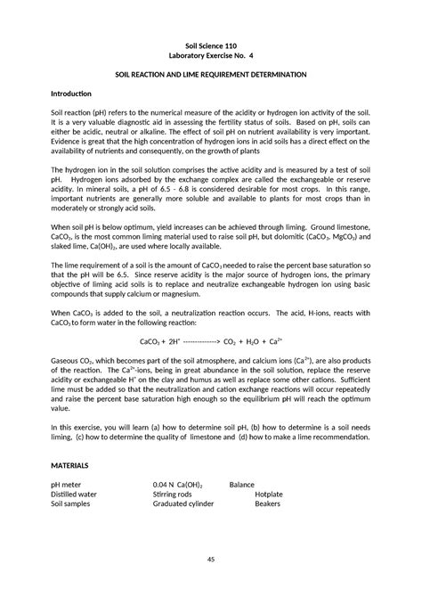 SS110 Ex Basta Soil Science 110 Laboratory Exercise No 4 SOIL REACTION AND LIME REQUIREMENT