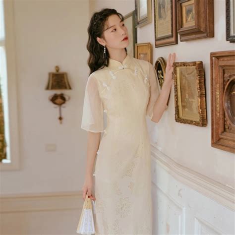 Retro Lady Chinese Cheongsam Qipao Dress Mesh Half Sleeve Side Slit