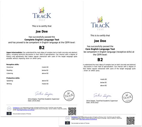 Сертификат по английскому языку Tracktest Pусский