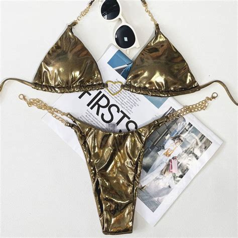 Metallic Chain Triangle Brazilian Bikini Swimsuit Sunnybikinis