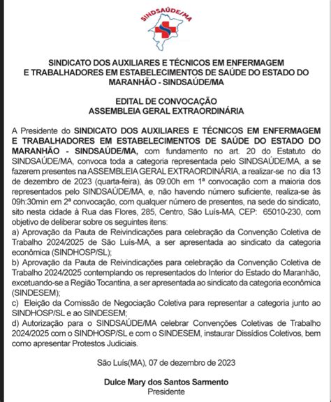 EDITAL DE CONVOCAÇÃO ASSEMBLEIA GERAL EXTRAORDINÁRIA Sindsaúde MA