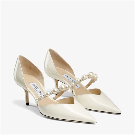 Latte Patent Leather Pointed Pumps With Pearl Embellishment Aurelie