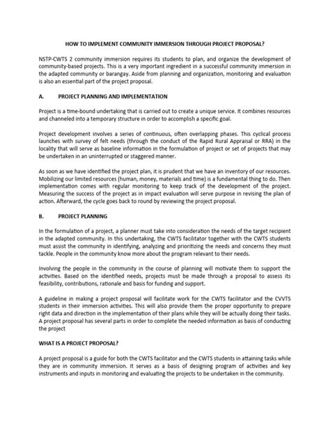 Lesson 5 How To Implement Community Immersion Through Project Proposal Pdf Evaluation