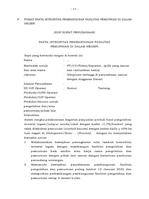 Fomat Pakta Integritas Pembangunan Fasilitas Pemurnian Di Dalam Negeri