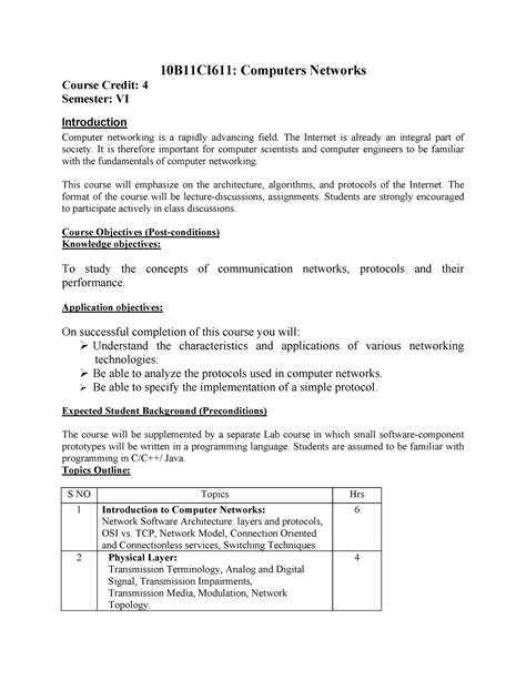 Computer Network Syllabus 10b11ci611 Computers Networks Course