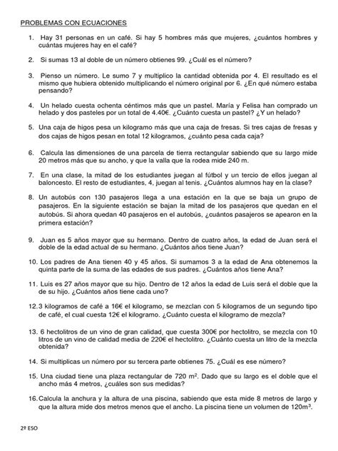 Problemas Con Ecuaciones 2 Eso Pdf Litro