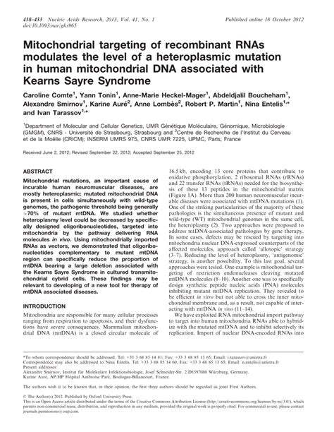 Pdf Mitochondrial Targeting Of Recombinant Rnas Modulates The Level Of A Heteroplasmic