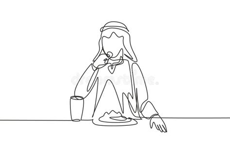 Single One Line Drawing Young Arabian Man Having Fruits Meal With Fork
