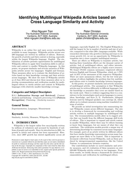 Pdf Identifying Multilingual Wikipedia Articles Based On Cross