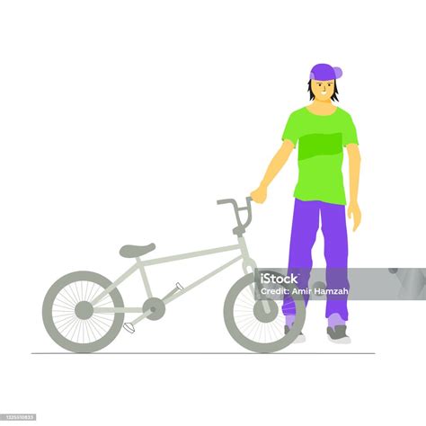 한 청남이 Bmx 자전거를 들고 자랑스럽게 서 있습니다 흰색 배경이 있는 플랫 벡터 디자인 캐릭터 일러스트레이션입니다 Bmx