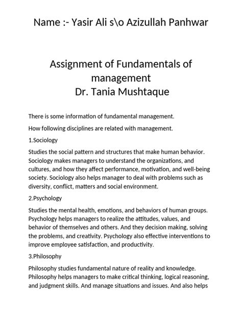 Assignment Of Fundamental Of Management By Yasir Ali Pahnwar Pdf