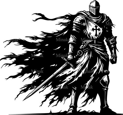 6 Svg Epic Crusader Knight Svg Warrior With Tattered Cape Cut File Medieval Sword Clipart
