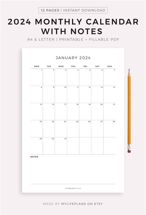 2024 Monthly Calendar With Notes Printable Calendar Template Minimalist Calendar Year