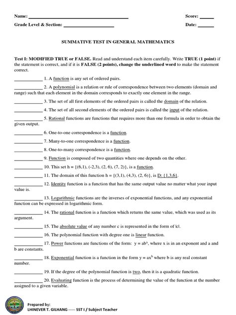 Summative Test Q1 Gen Math Pdf Function Mathematics