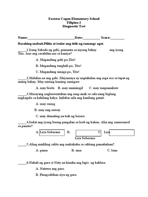 Grade 5 Filipino Diagnostic Test