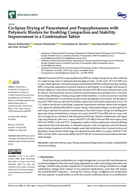 Pdf Co Spray Drying Of Paracetamol And Propyphenazone With Polymeric Binders For Enabling