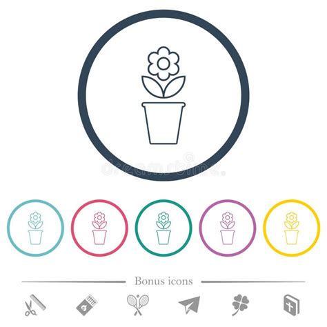 Flowerpot With Flower And Leaves Outline Flat Color Icons In Round Outlines Stock Vector