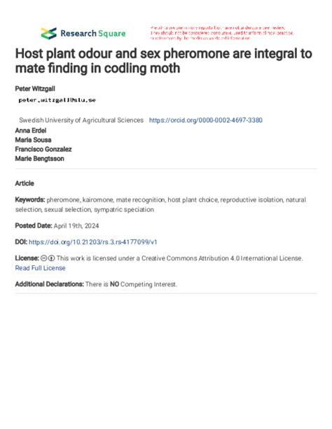 Pdf Host Plant Odour And Sex Pheromone Are Integral To Mate Finding