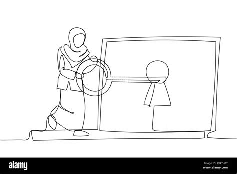 Continuous One Line Drawing Arab Businesswoman Put Key Into Laptop Computer Internet Security